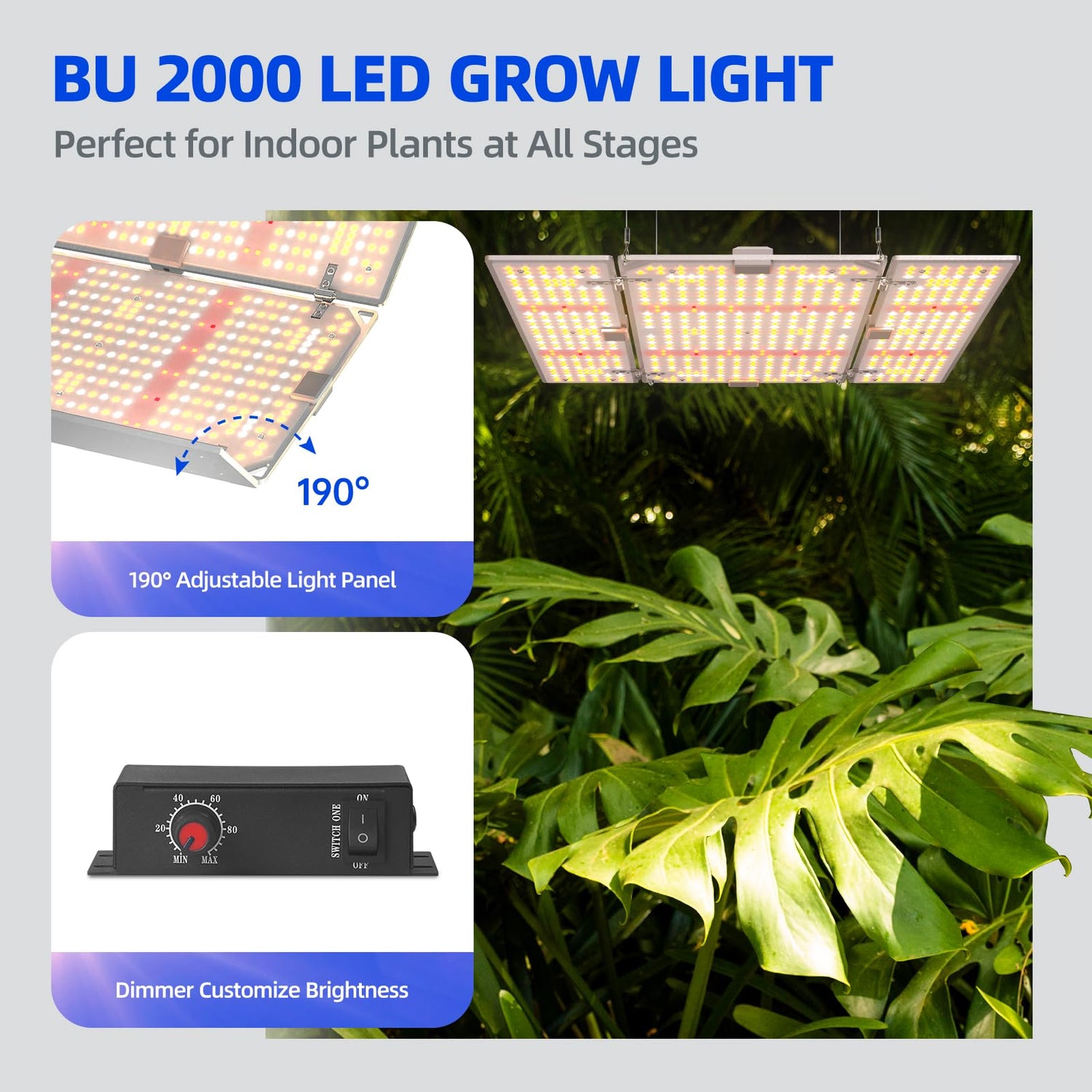 Barrina BU2000 200W LED Grow Light Panel 4-Spectrum | Angle Adjustable